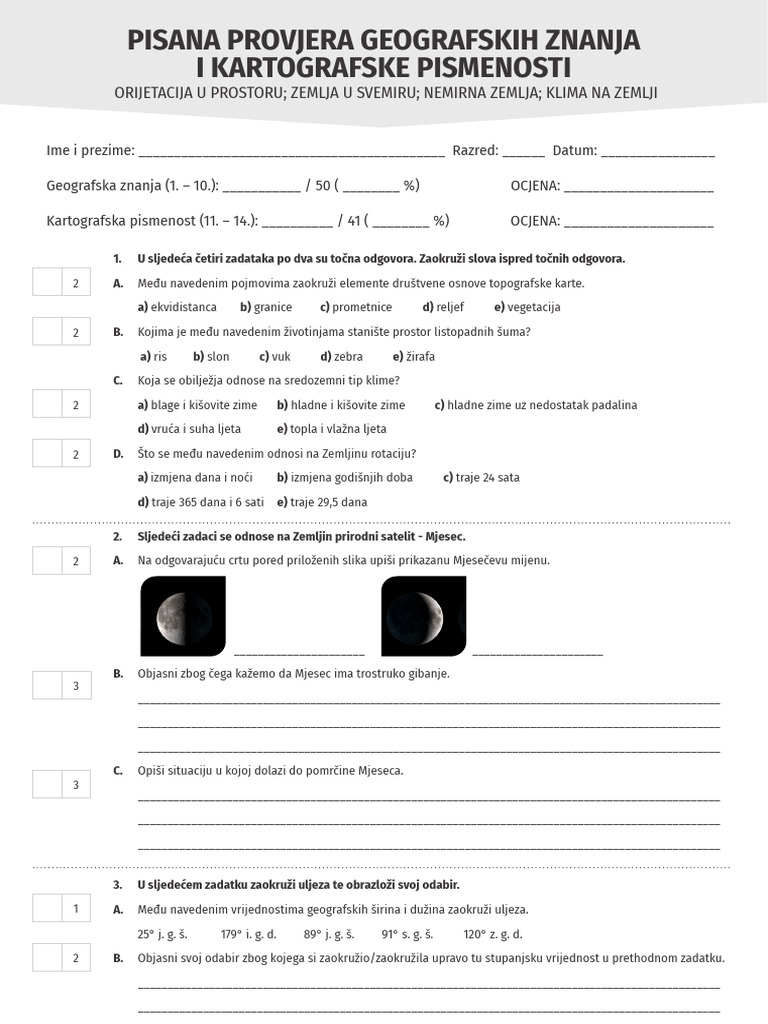 Pisana Provjera Znanja I Kartografske Pismenosti | PDF