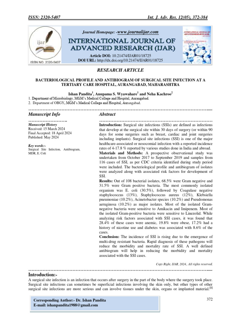 Bacteriological Profile And Antibiogram Of Surgical Site Infection At A Tertiary Care Hospital