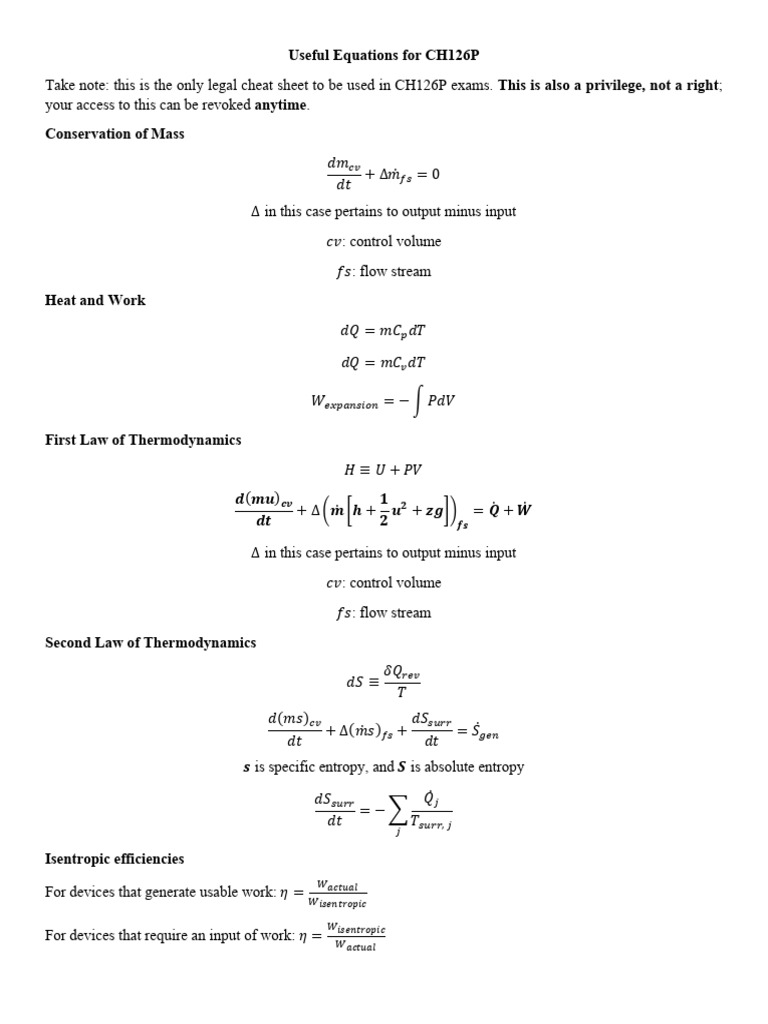Useful Equations For CH126P | PDF | Entropy | Laws Of Thermodynamics