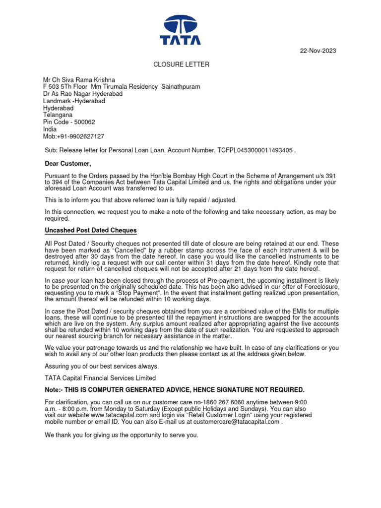 Loan Closure Confirmation | PDF | Cheque