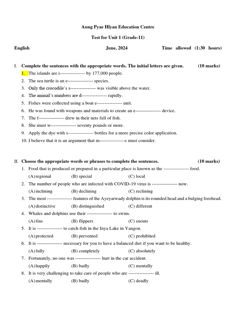 Grade 11 Unit 1 Test | PDF Grade 11 Unit 1 Test | PDF
