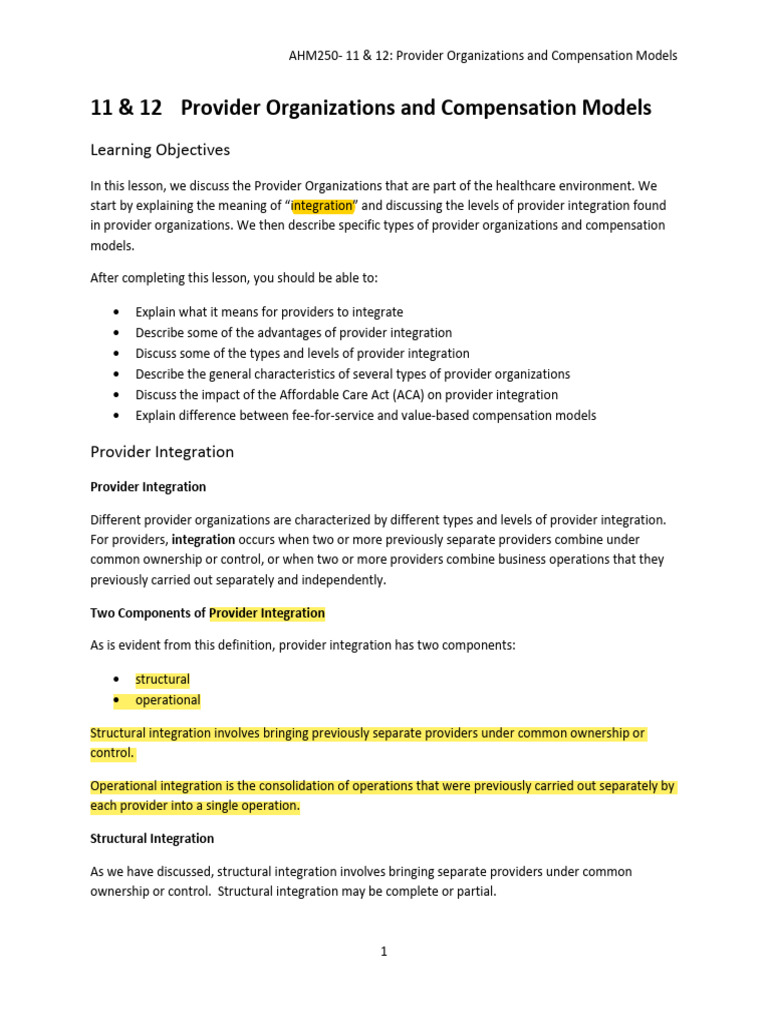 Provider Organizations & Compensation Models | PDF | Health Care ...