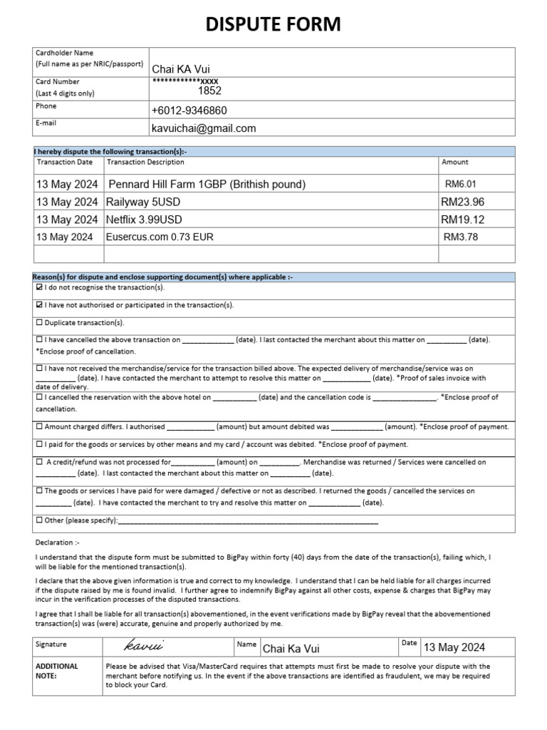 BigPay Dispute Form Instructions | PDF | Debit Card | Financial Transaction