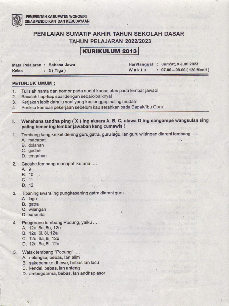 Psat - Kelas 3 - Bahasa Jawa | PDF