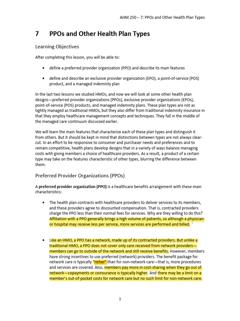 AHM250_PPOsAndOtherPlanTypes | Download Free PDF | Health Maintenance Organization | Managed Care