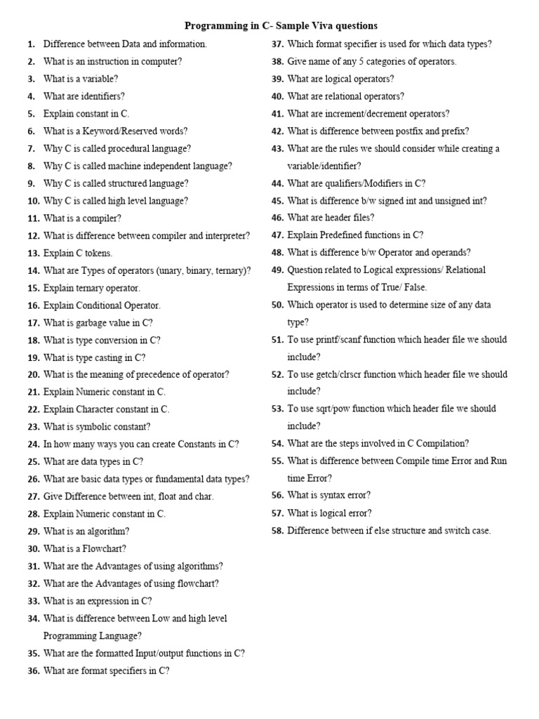 Important Viva Questions For C Language | PDF | Control Flow | Computer Programming