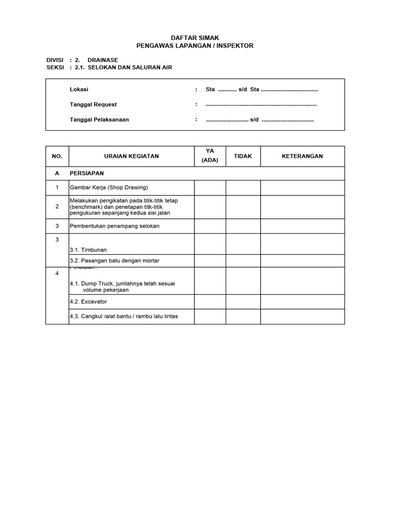 Daftar Simak 2.1. Selokan Dan Saluran Air - REV | PDF