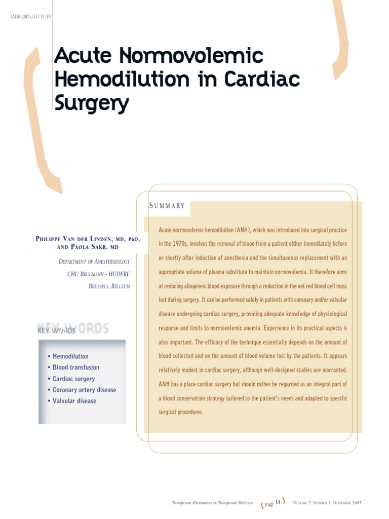 Acute Normovolemic Hemodilution in Cardiac Surgery | PDF | Blood | Red ...
