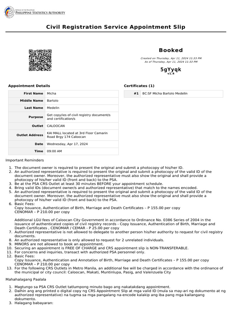Civil Registration Service Appointment Slip | PDF