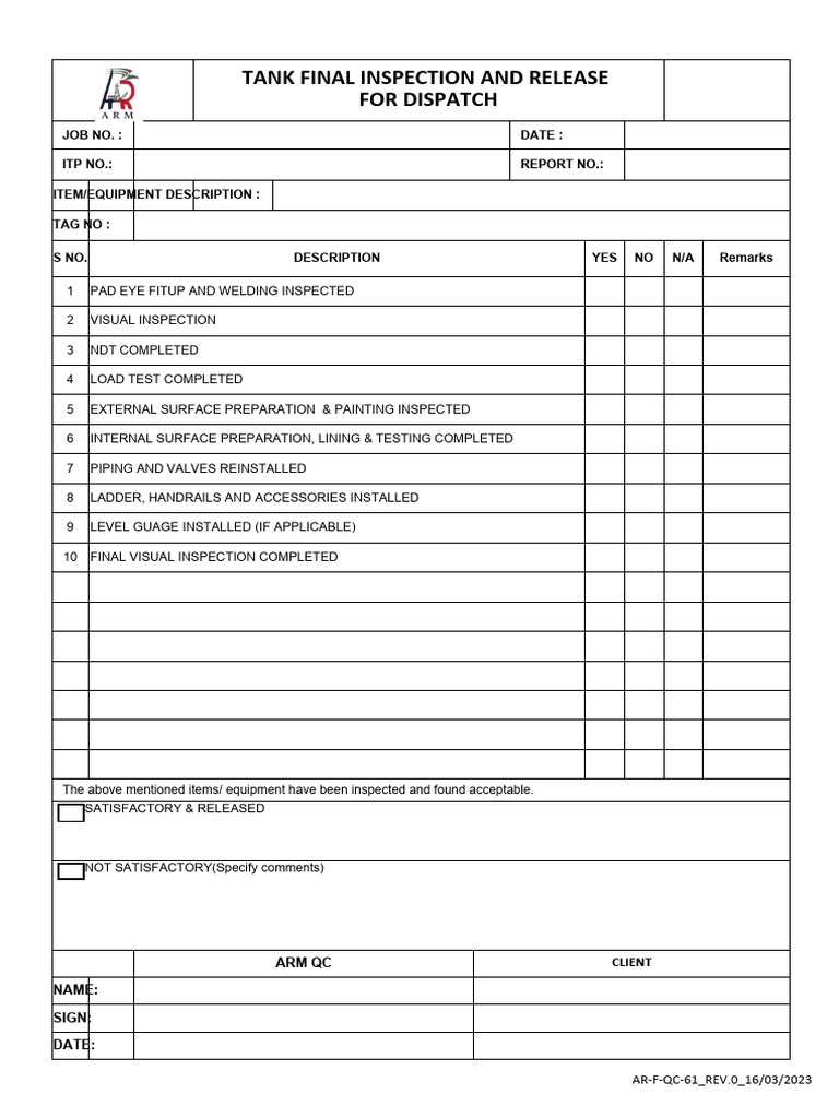 Tank Final Inspection Report QC61 | PDF