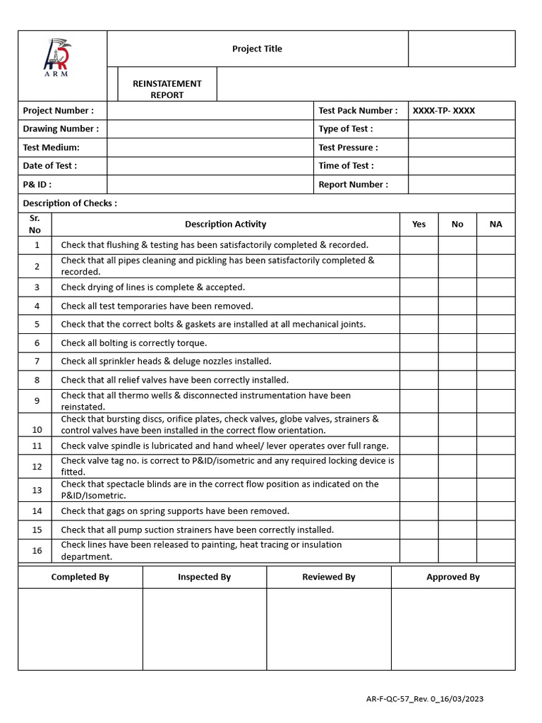 Reinstatement Report Checklist | PDF | Technology & Engineering