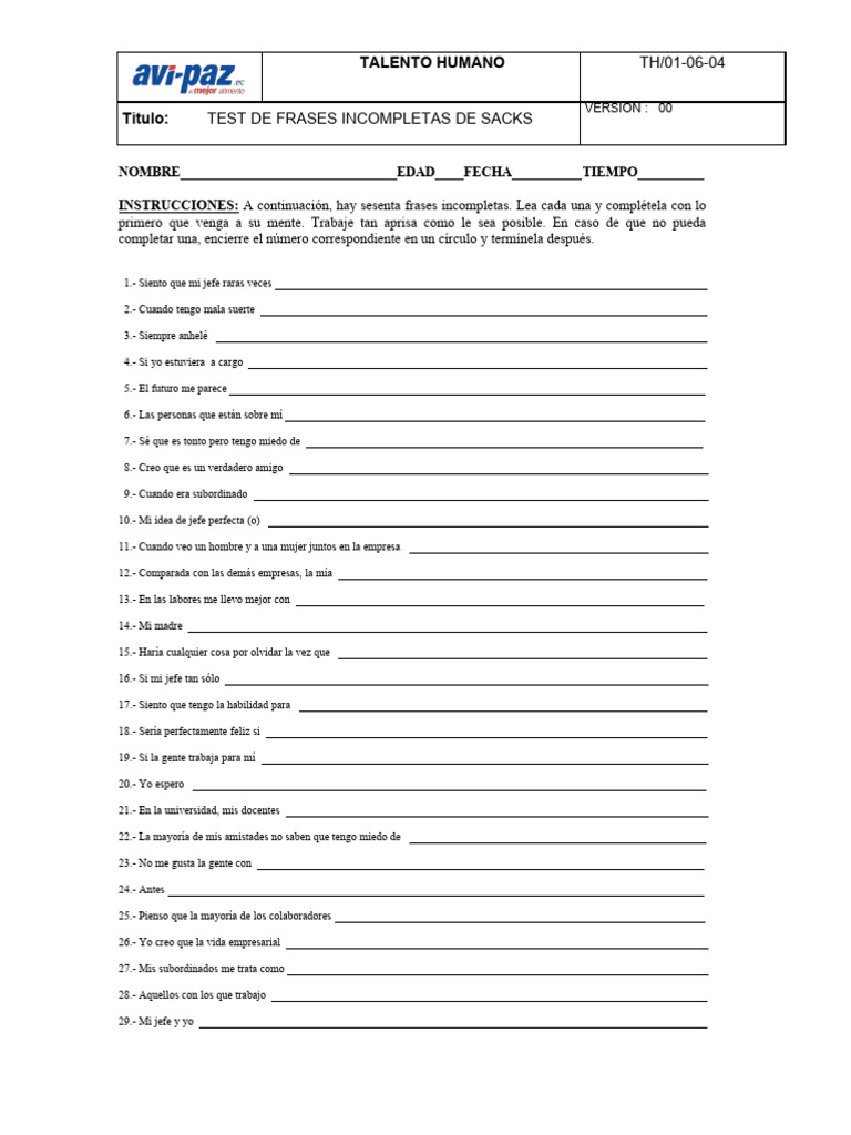 Test de Sacks para Adultos | PDF