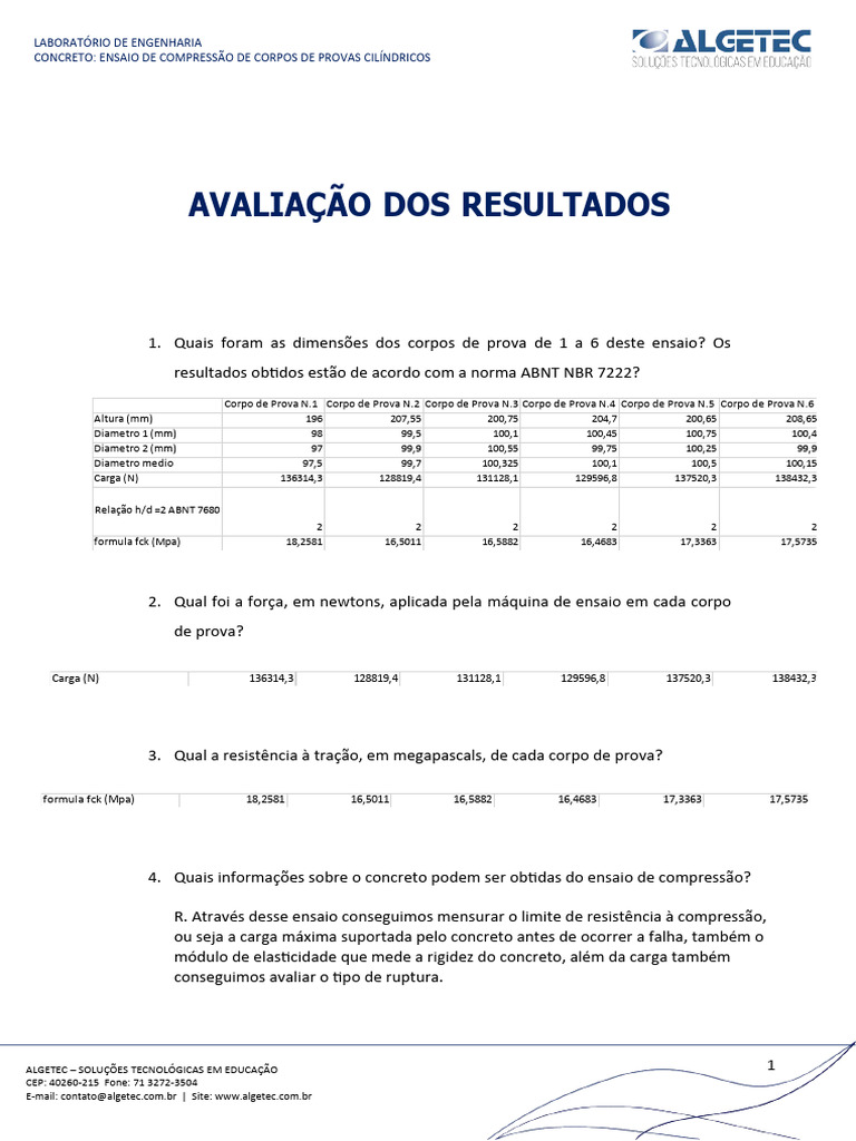 Avaliação Dos Resultados Laboratório De Engenharia Concreto Ensaio De