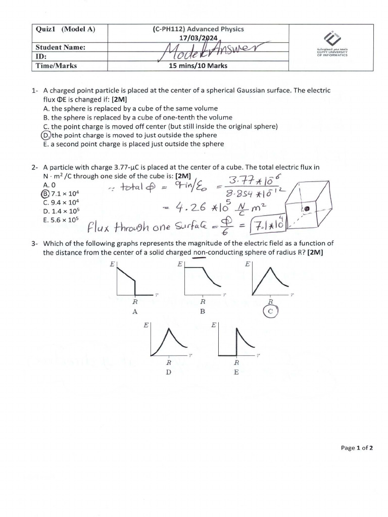 Electric Field, Force, Flux, Gauss Law QUIZ MS | PDF