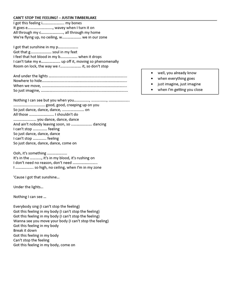 CAN'T STOP THE FEELING Justin Timberlake | PDF | Poetry
