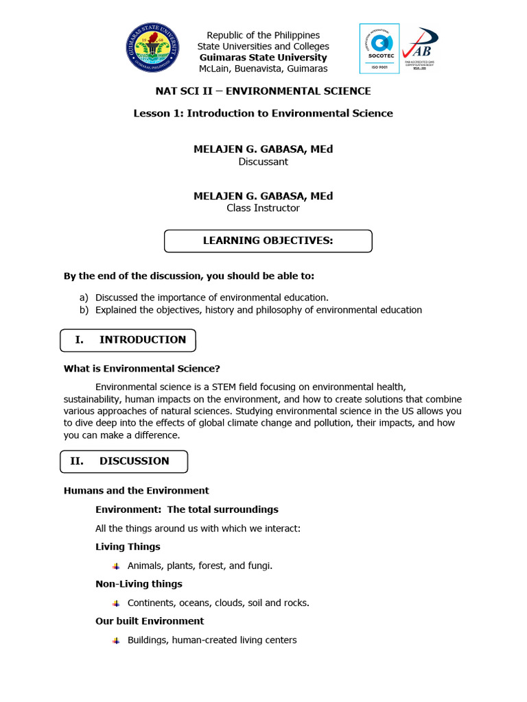 Lesson 1 Module Introduction to Environmental Science | PDF ...