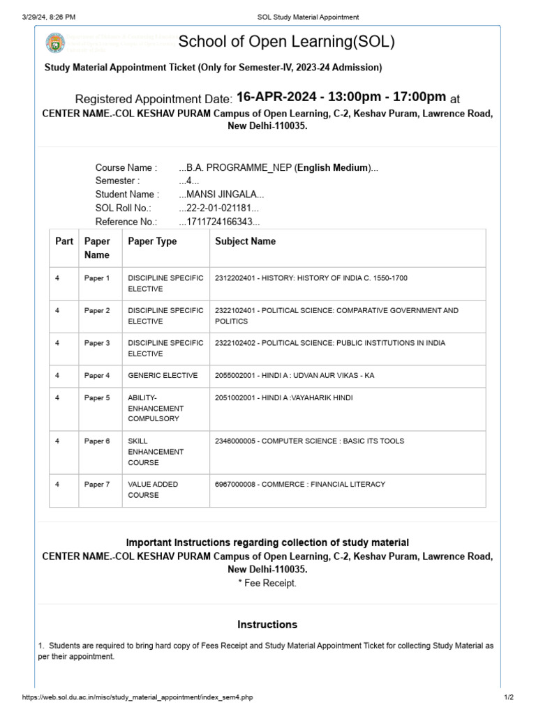 SOL Study Material Appointment | PDF