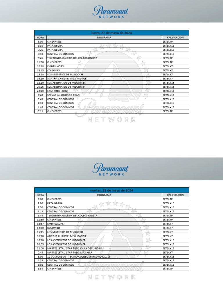 Programación Semanal Paramount Network | PDF