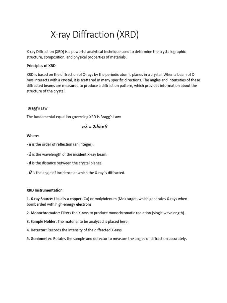 X-ray Diffraction (XRD) : = 2dsinθ | Download Free PDF | X Ray Crystallography | Diffraction