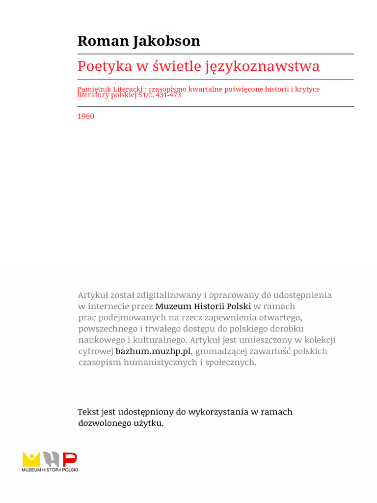 R. Jakobson - Poetyka W Świetle Językoznawstwa | PDF
