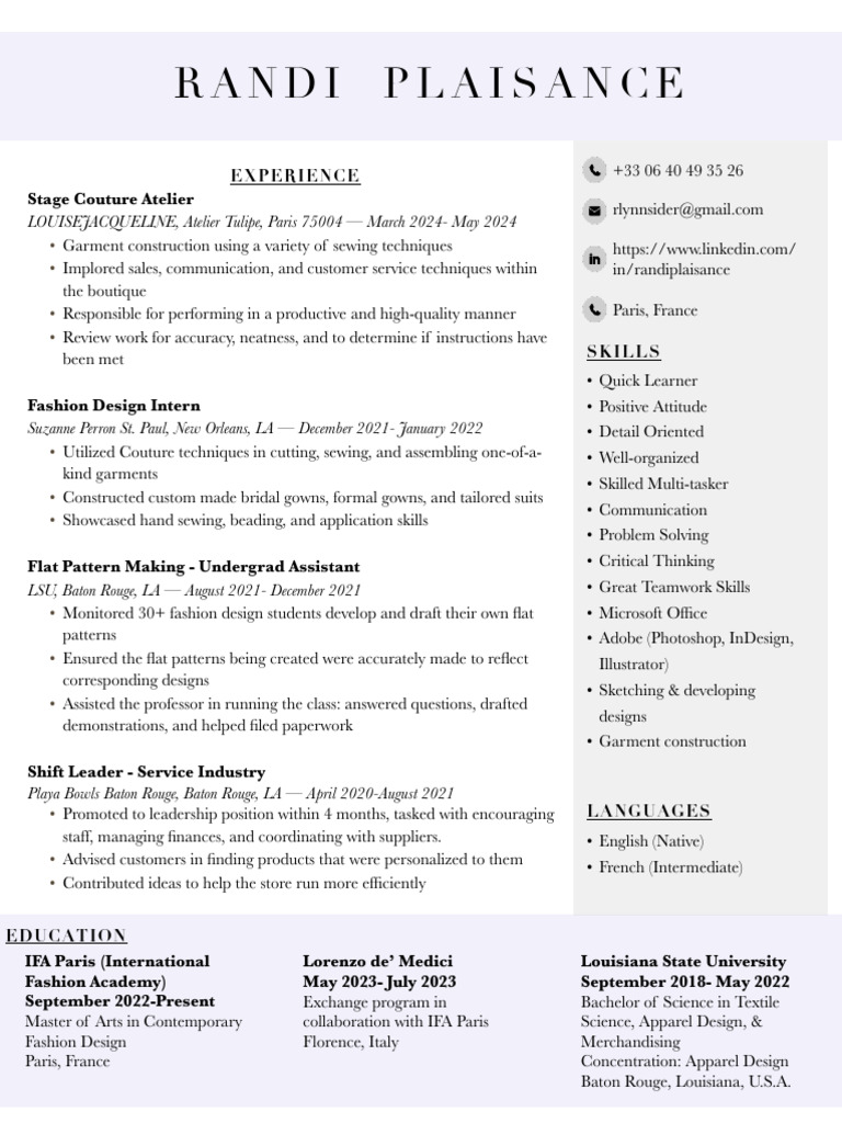 Randi Plaisance - Resume 2024 | PDF | Fashion Design | Sewing