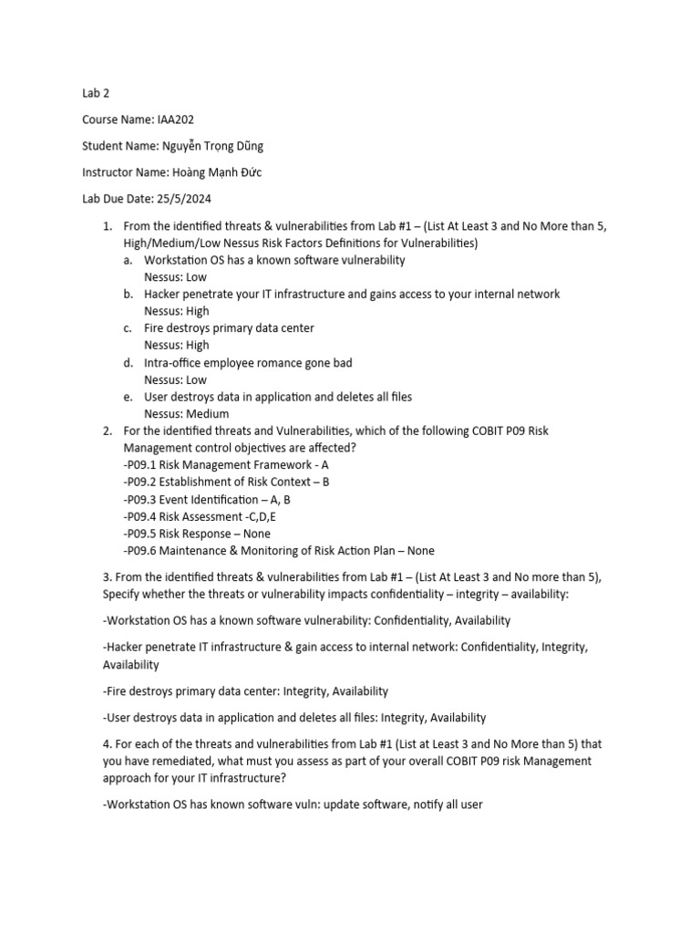 IA1802-IAA202-Lab2-Nguyễn Trọng Dũng-HE172688 | PDF | Vulnerability (Computing) | Risk