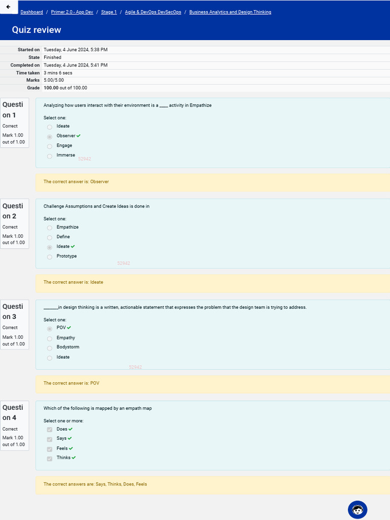 Design thinking Post quiz_ Attempt review | PDF | Empathy | Design Thinking