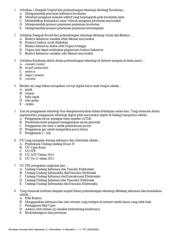 Soal Ulangan Informatika Kls X Genap 2023 | PDF