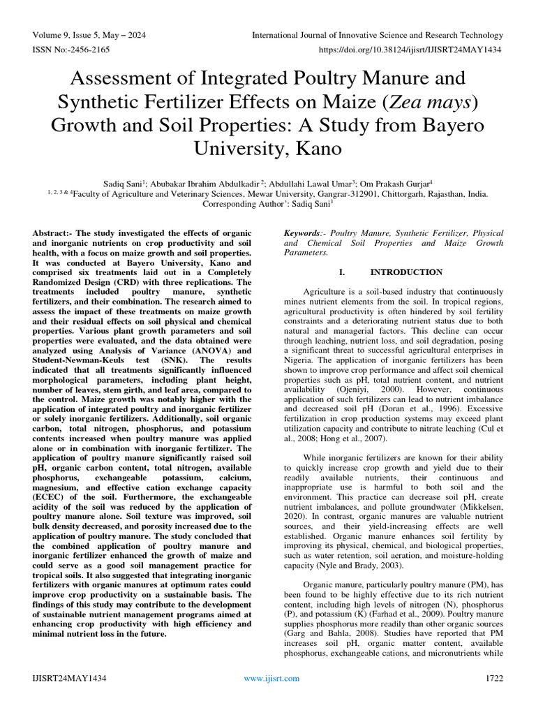 Assessment of Integrated Poultry Manure and Synthetic Fertilizer Effects on Maize (Zea mays ...
