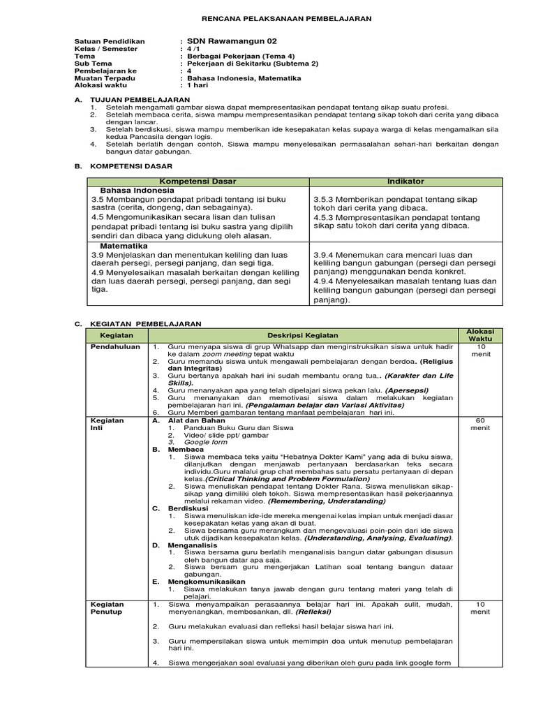 RPP Kelas 4 Tema 4 Subtema 2 Pemb 4, 25 Oktober 2021 | PDF | Karier & Perkembangan | Seni