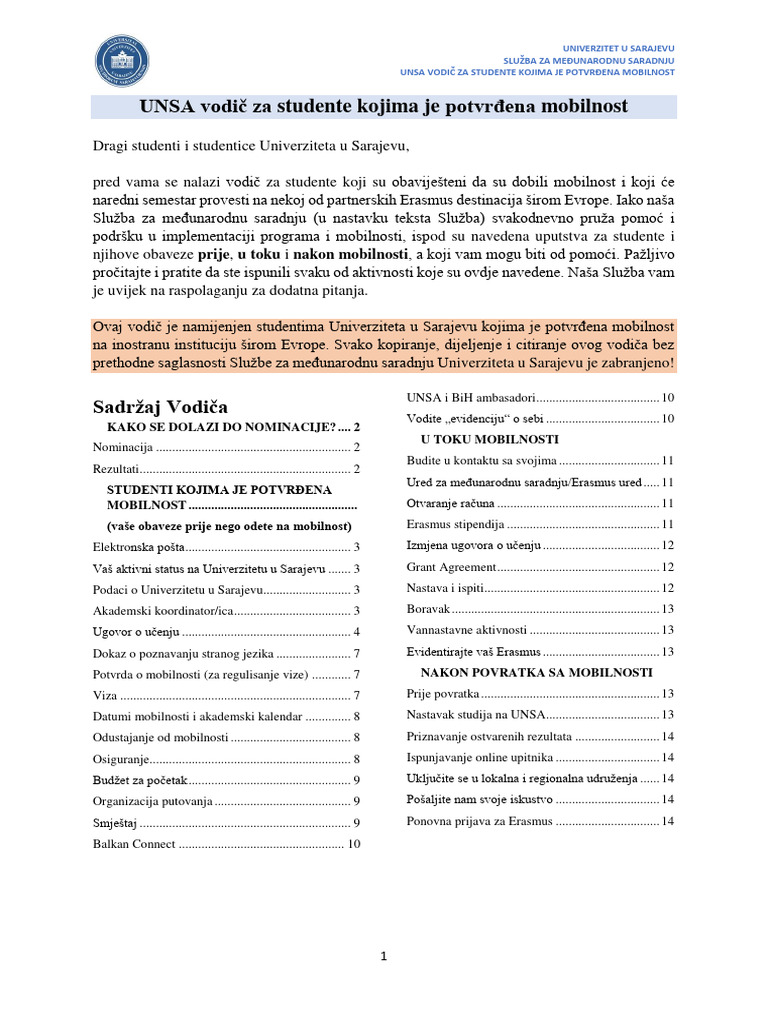 UNSA Sarajevo Vodić Za Erasmus 2024 | PDF