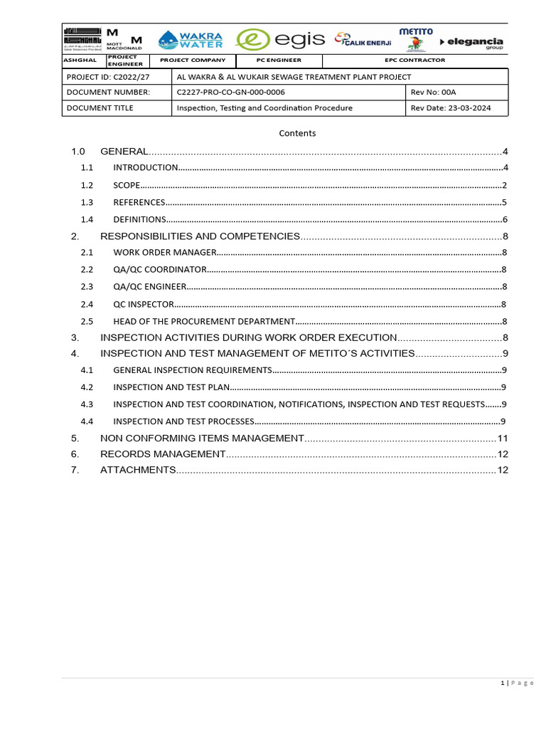 Inspection Testing and Coordination Procedure - CME | PDF | Quality ...