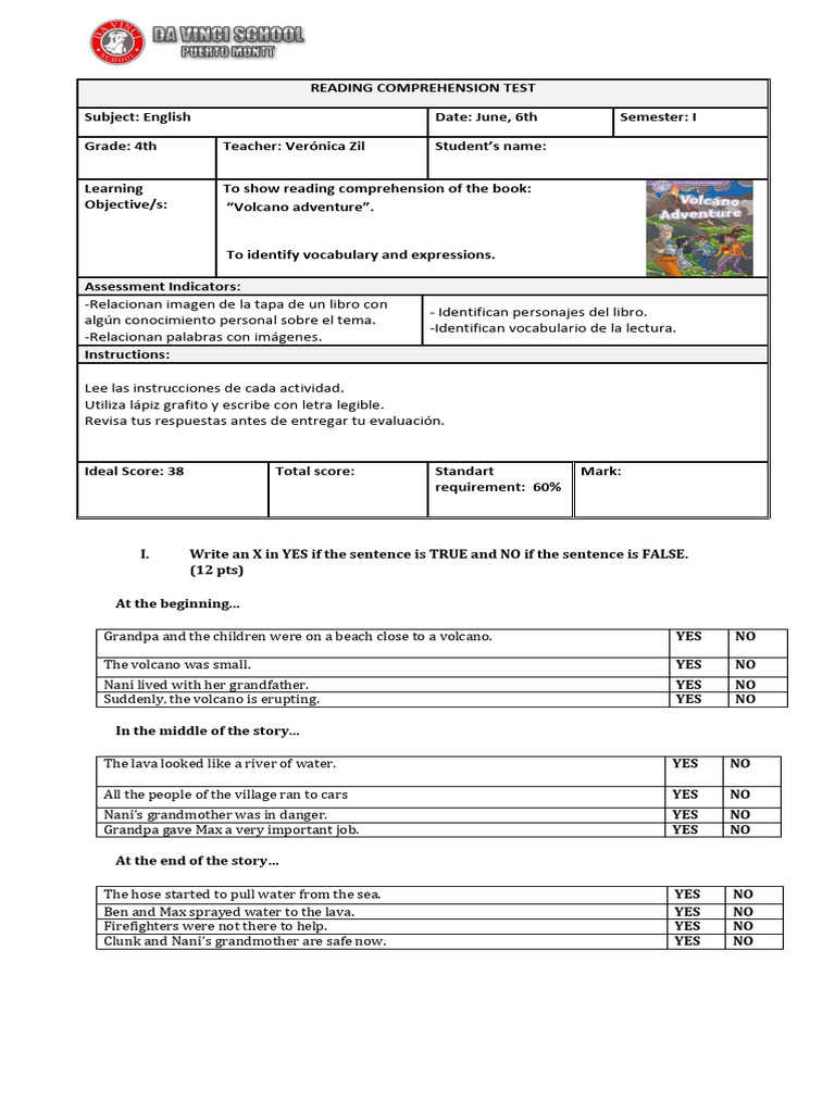 Reading Comprehension Volcano Adventure 4th Grade | PDF | Volcano ...