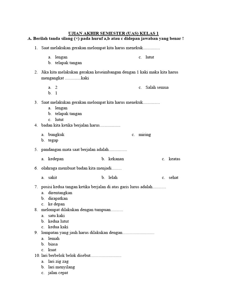 Soal Kelas 1 Pjok Kelas 1 Semester Genap | PDF