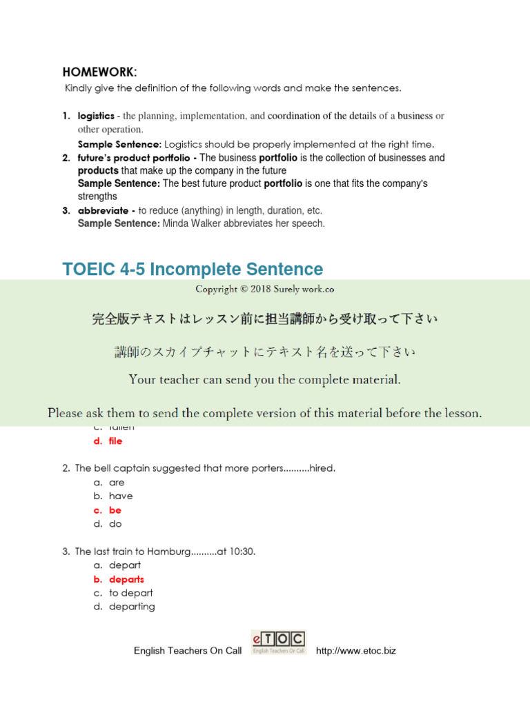 TOEIC 4-5 Incomplete Sentence - Teacher | Download Free PDF | Sentence ... TOEIC 4-5 Incomplete Sentence - Teacher | Download Free PDF | Sentence ...