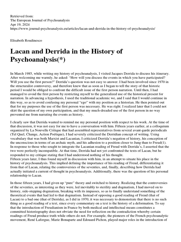 Lacan and Derrida in The History of Psychoanalysis | PDF | Jacques ...