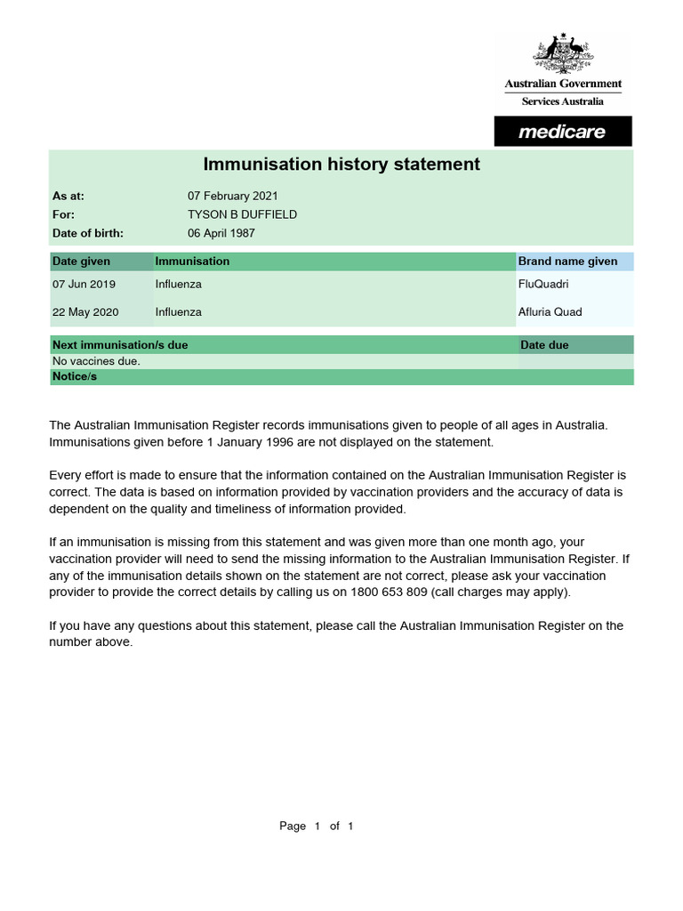 Immunisation History Statement 2 | PDF | Self-Improvement | Wellness