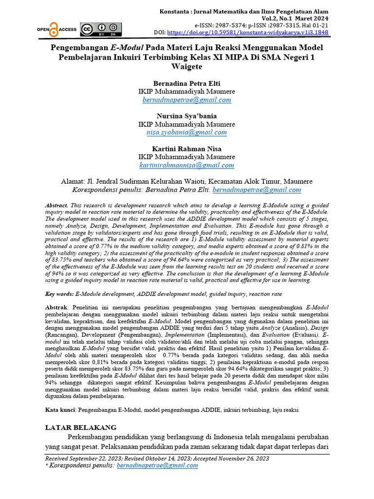01-22 Pengembangan E-Modul Pada Materi Laju Reaksi Menggunakan Model Pembelajaran Inkuiri ...