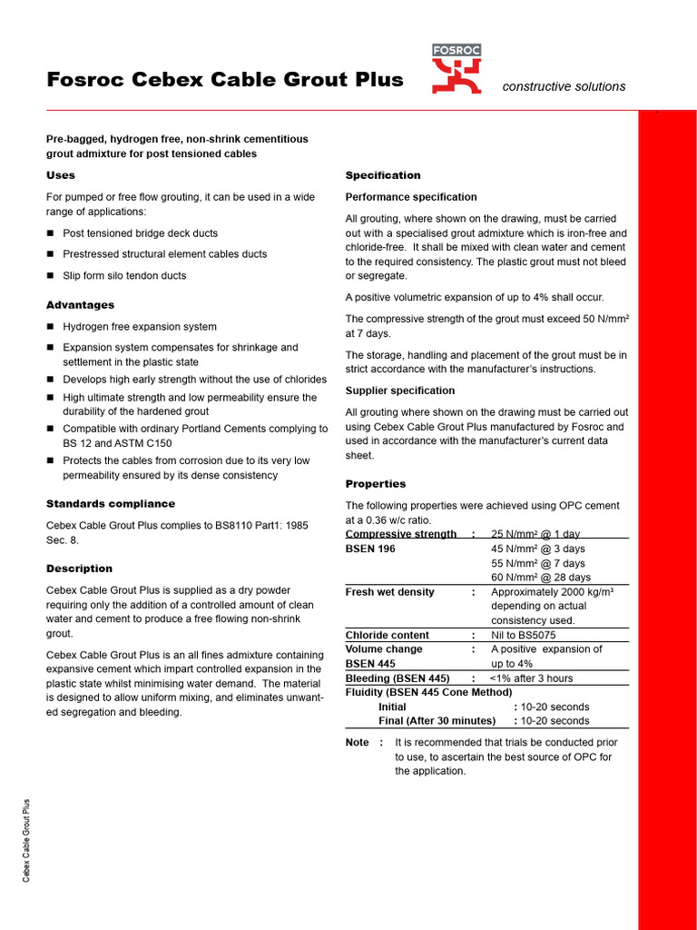 Cebex Cable Grout Plus | PDF | Prestressed Concrete | Concrete