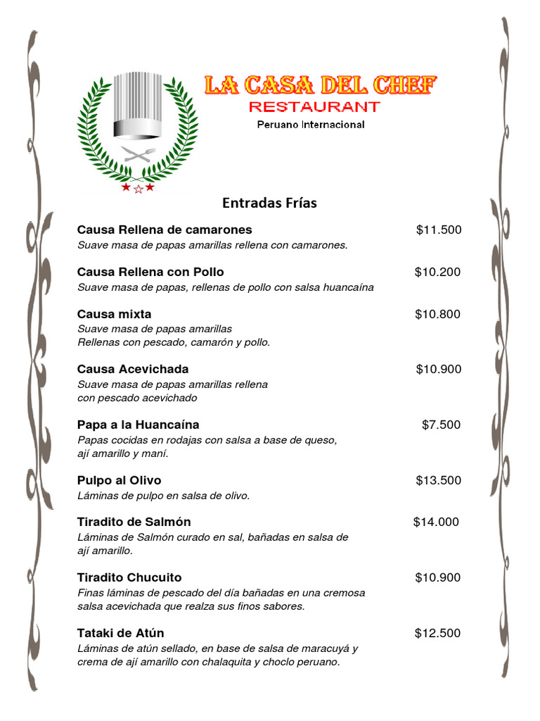 Menú de Entradas en La Casa del Chef | PDF | ensalada | Mariscos
