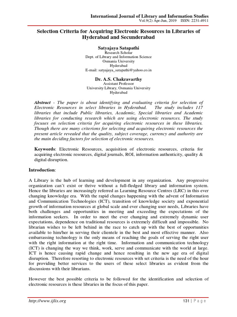 Selection Criteria For Acquiring Electronic Resources in Libraries of ...