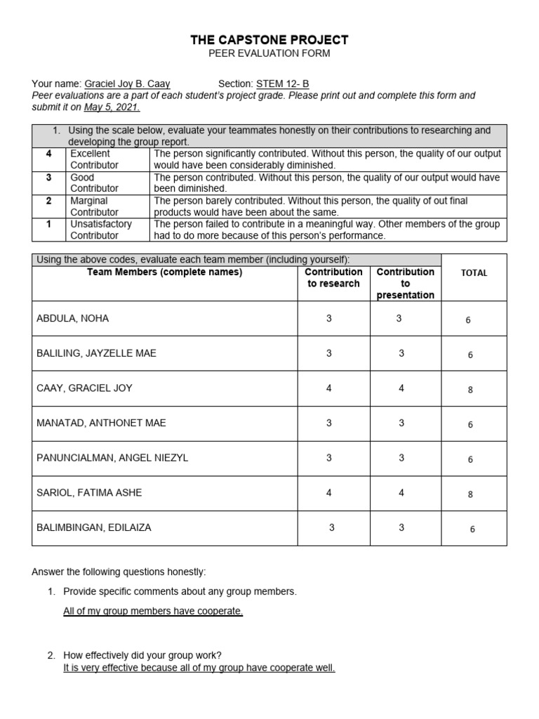 Capstone Project Peer Evaluation Form | PDF | Cognition | Learning