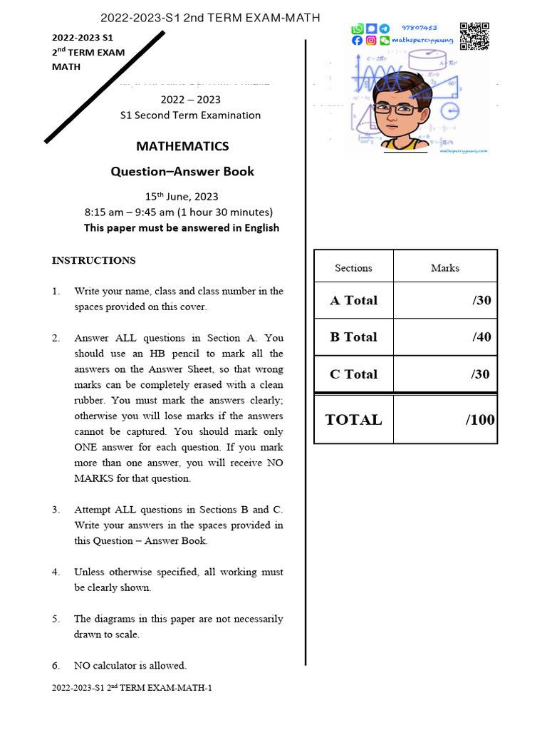 S1 2nd Term Math Exam Paper 2022-2023 | PDF | Cartesian Coordinate ...
