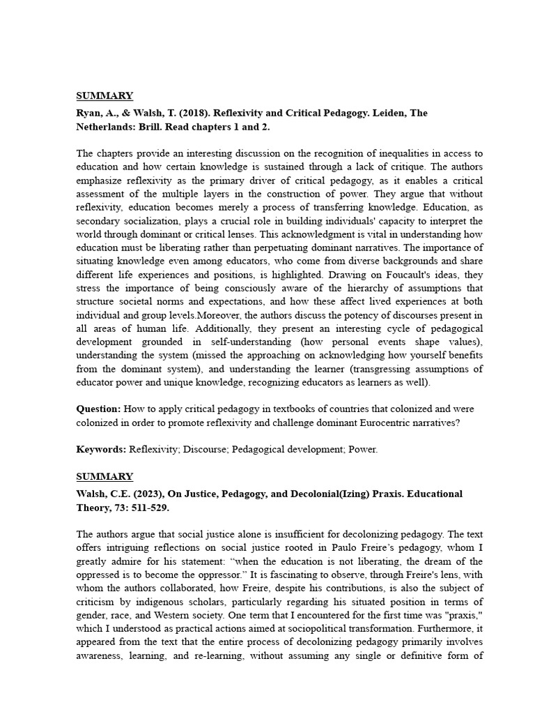 Critical Pedagogy & Reflexivity | PDF | Pedagogy | Reflexivity (Social ...