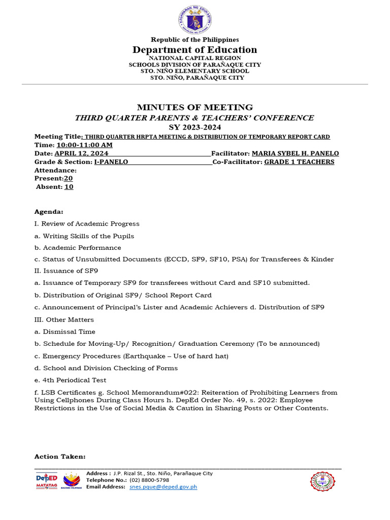 Third Quarter PTA Meeting Minutes 2024 | PDF | Career & Growth | Wellness