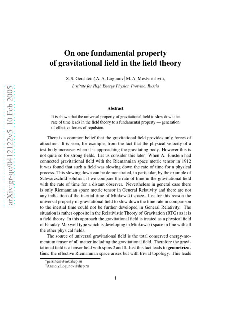 On One Fundamental Property of Gravitational Field in The Field Theory ...