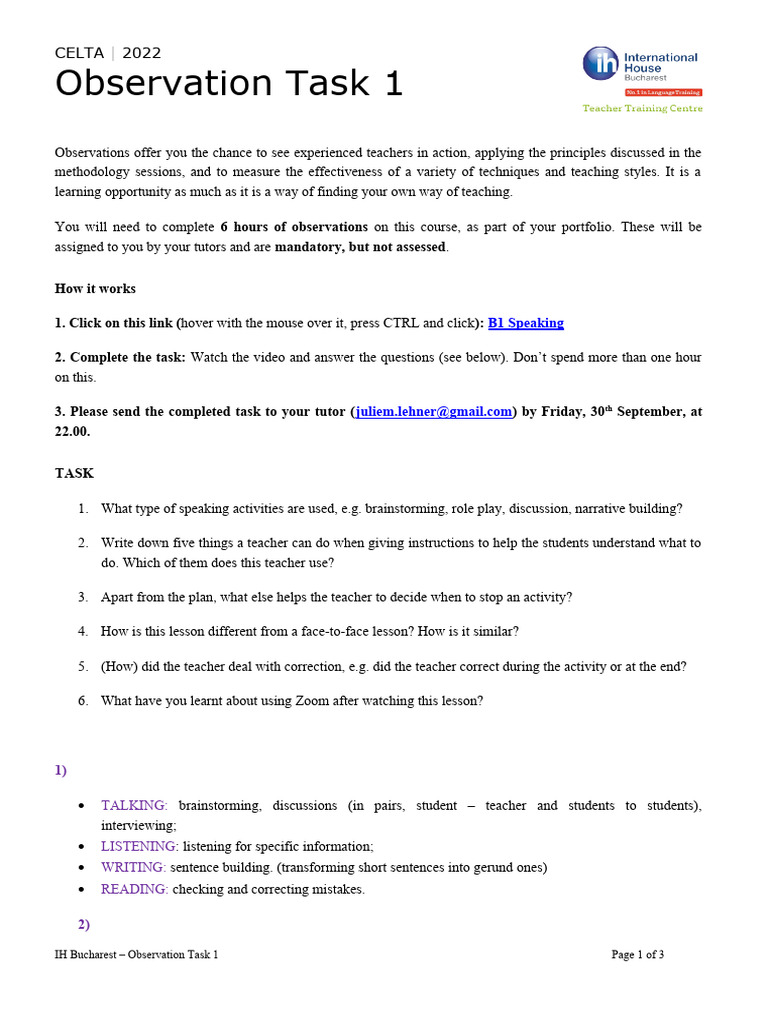 Adelina Gadinceanu - Video Observation Task 1 (B1 Speaking) v2 | PDF ...