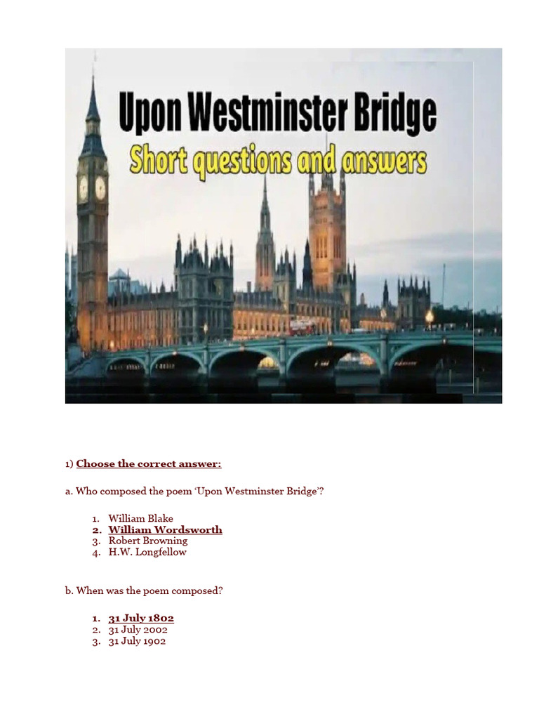 Upon Westminster Bridge (M.C.Q) | PDF | William Wordsworth | Poetry