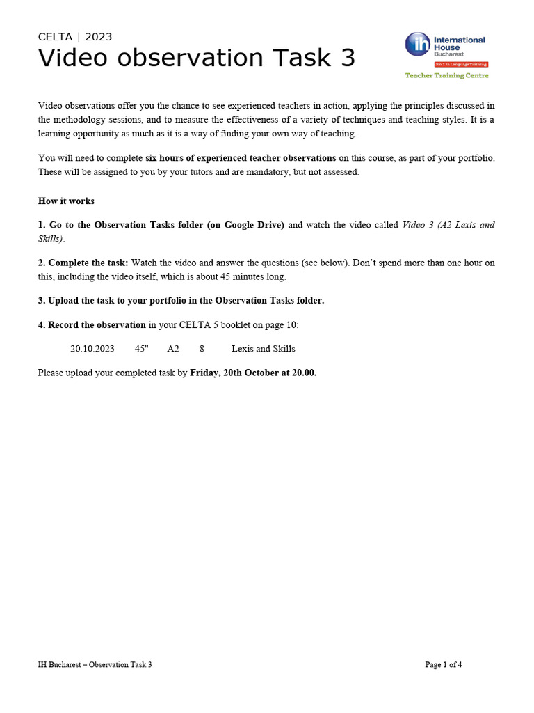 CELTA Teacher Observation Guide | PDF | Cognitive Psychology | Behavior Modification