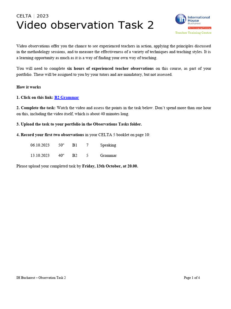 Adelina - Video Observation Task 2 (B2 Grammar) | PDF | Learning | Cognition